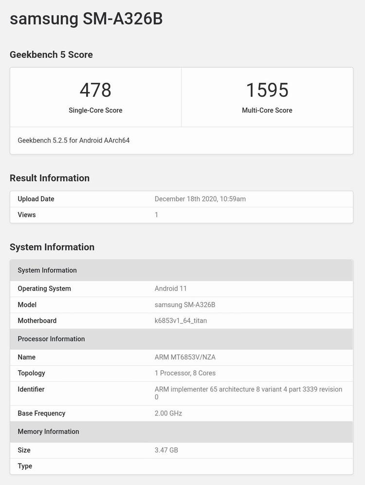 Samsung Galaxy A32 5G powered by Dimensity 720 SoC visits Geekbench